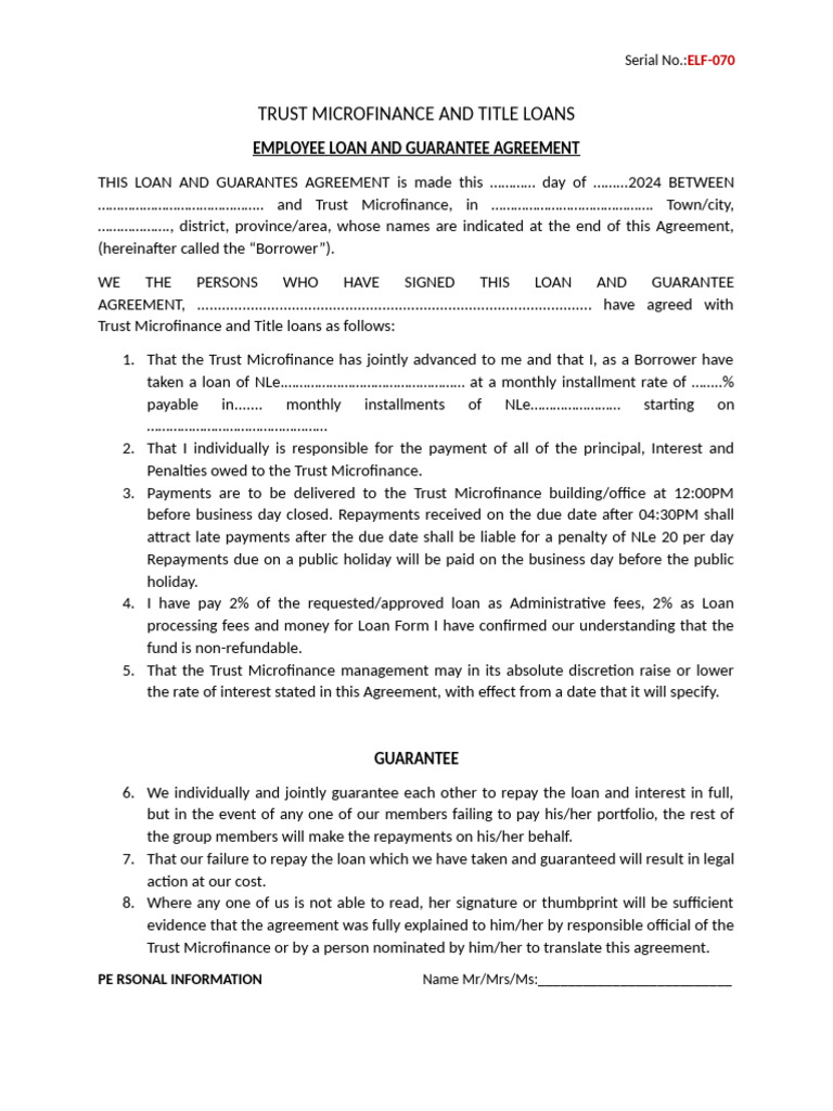 Employee Loan Guarantee Agreement | PDF | Loans | Microfinance