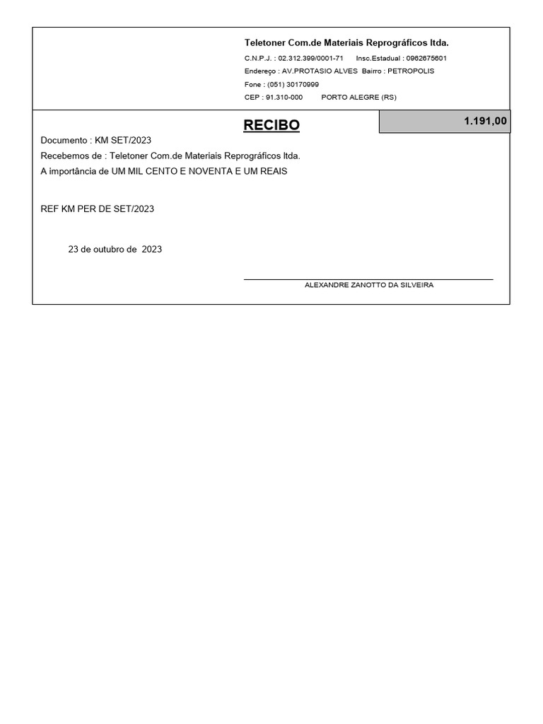 Recibo Km Alexandre - Set-23 | PDF