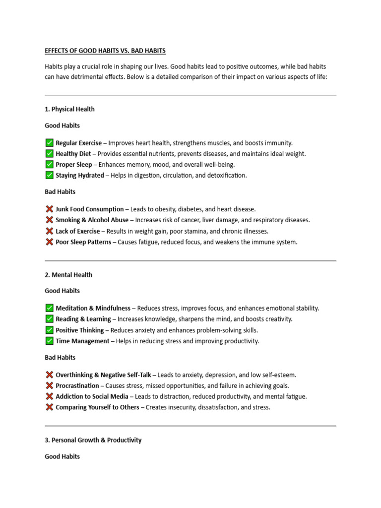 Good vs. Bad Habits: Impact Analysis | PDF | Psychology | Determinants ...