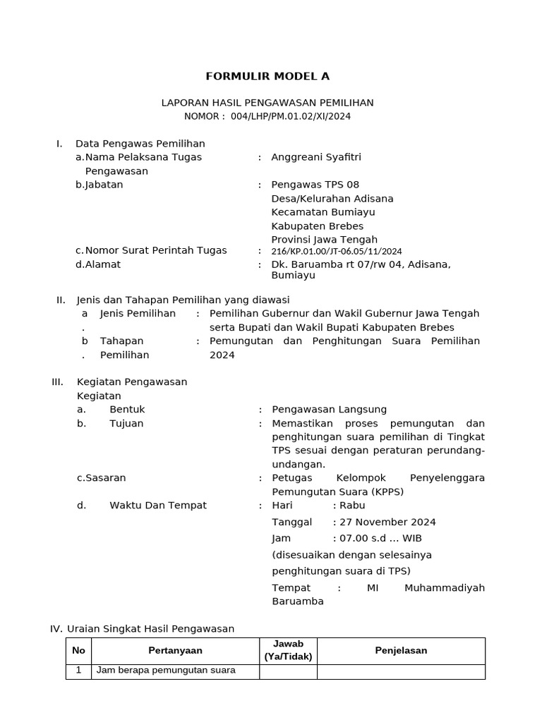 TPS 8 - Form A Pengawasan Pilkada 2024 - (Pemungutan Dan Penghitungan ...
