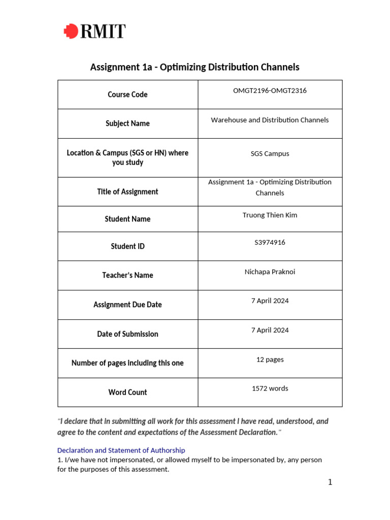 OMGT2196 OMGT2316 Assignment 1a Optimizing Distribution Channels TRUONG THIEN KIM S3974916 | PDF ...