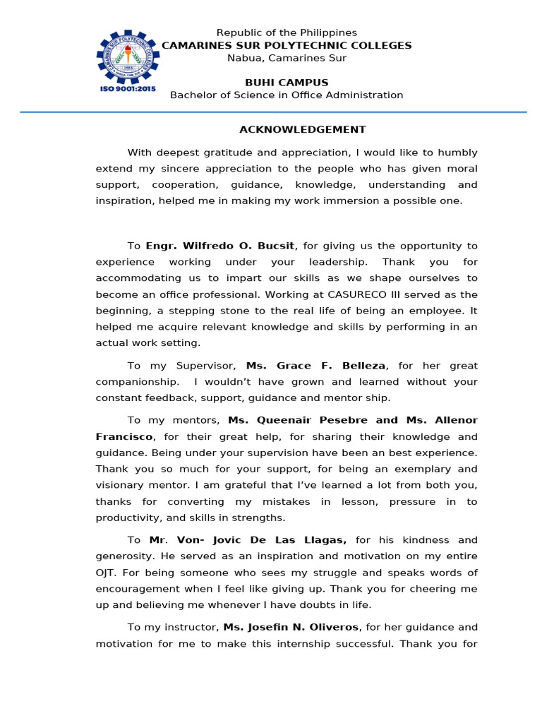 Acknoledgement For Narrative | PDF