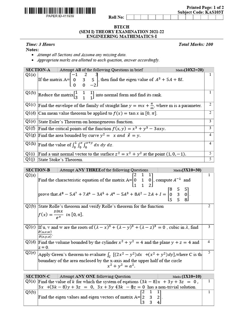 Engineering Mathematics I 2022 AKTU | PDF | Eigenvalues And Eigenvectors | Matrix (Mathematics)