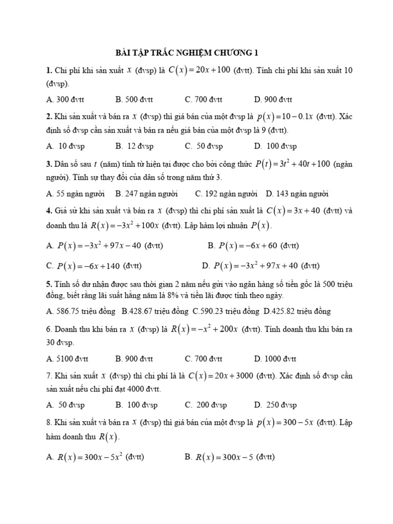 BAI-TAP-TRAC-NGHIEM-MTH-101-CHUONG-1 | PDF