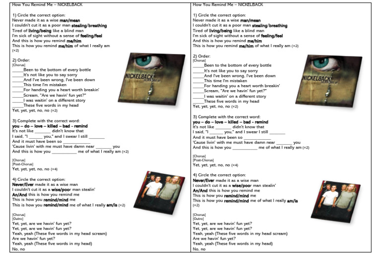 'How You Remind Me - Nickelback' Worksheet | PDF | Songs Written