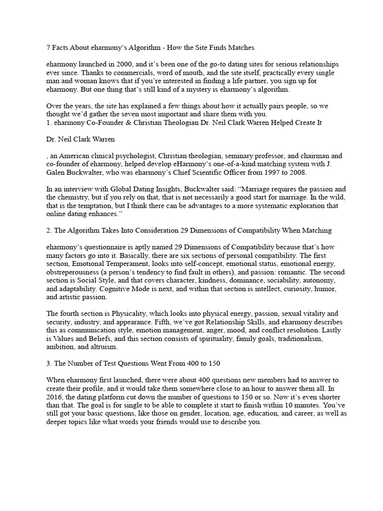 Facts About Eharmony's Algorithm - How The Site Finds Matches | PDF ...