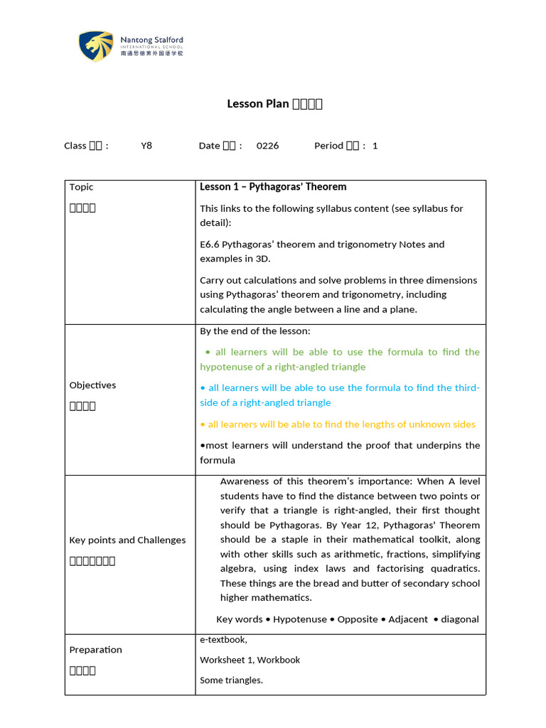 Pythagoras' Theorem Lesson Plan Y8 | PDF | Triangle | Euclidean Plane ...