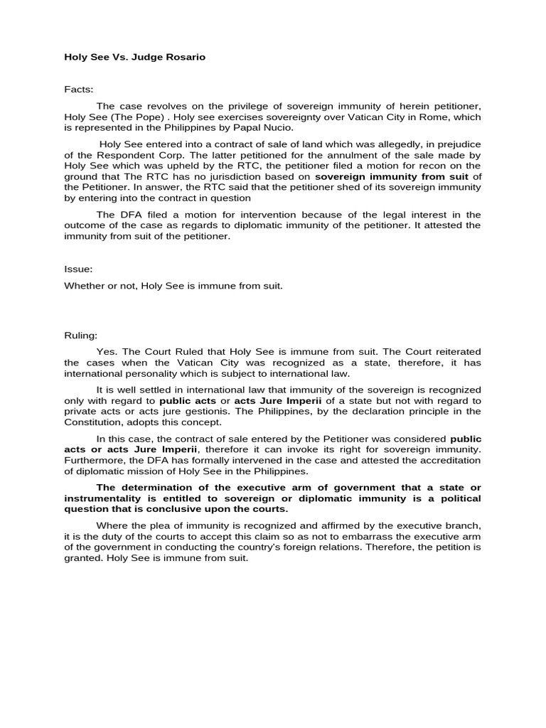Holy See Sovereign Immunity Case Summary | PDF