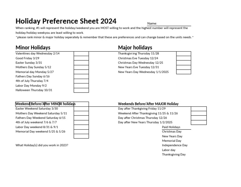 Holiday Preference List 2024 | PDF