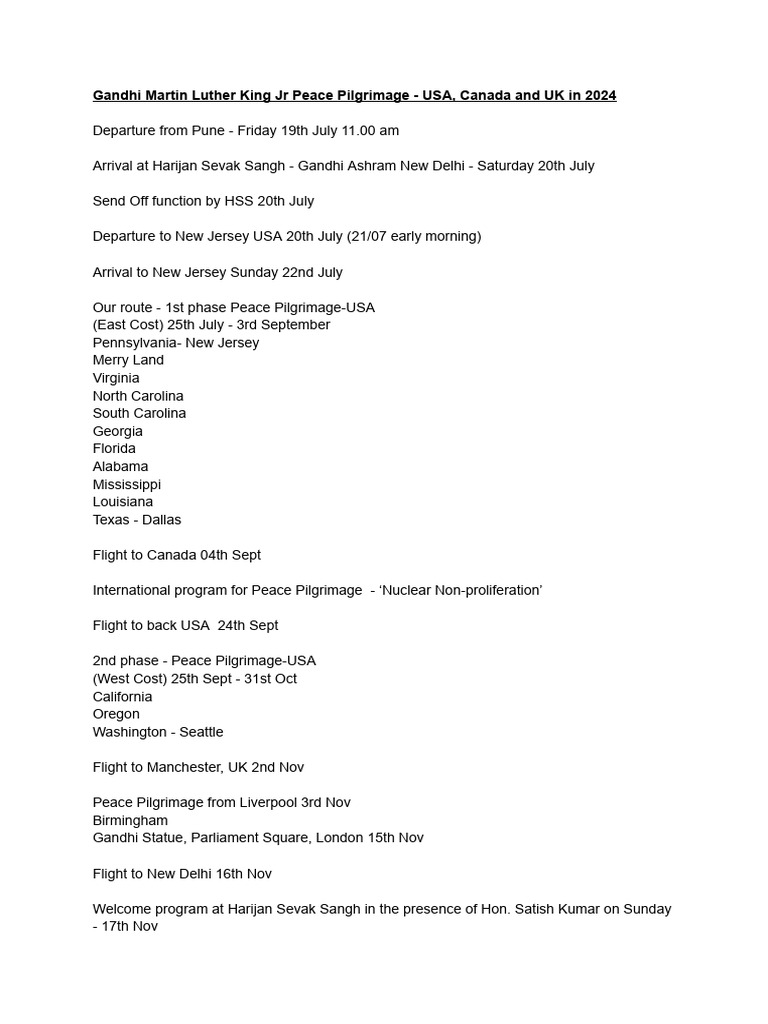 Gandhi Martin Luther King JR Peace Pilgrimage Schedule | PDF