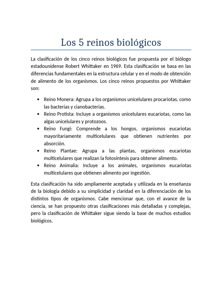 Clasificación de los 5 Reinos Biológicos | PDF