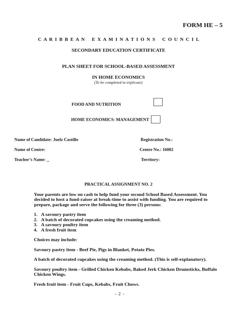 CSEC HomeEconomics SBAForm PlanSheetHE-5 SBA 2 | PDF | Baking | Cupcake