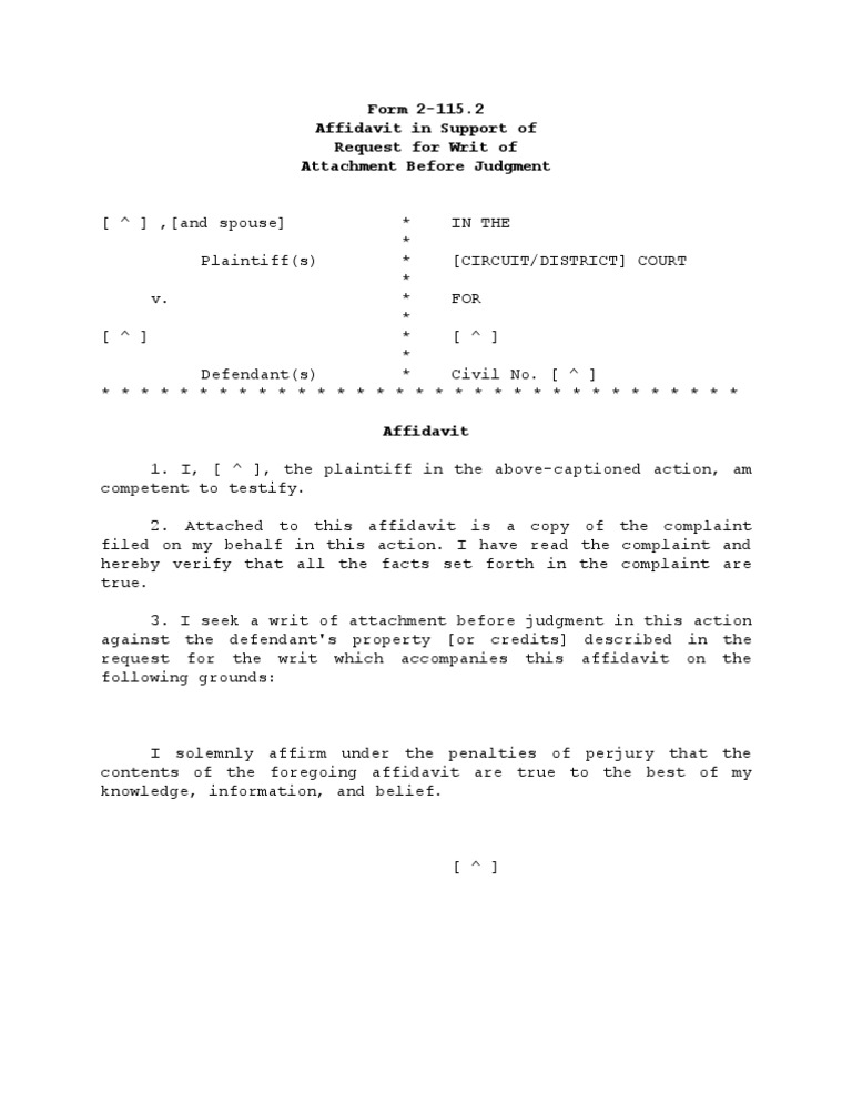 Form 2-115.2 Affidavit in Support of Request For Writ of Attachment ...