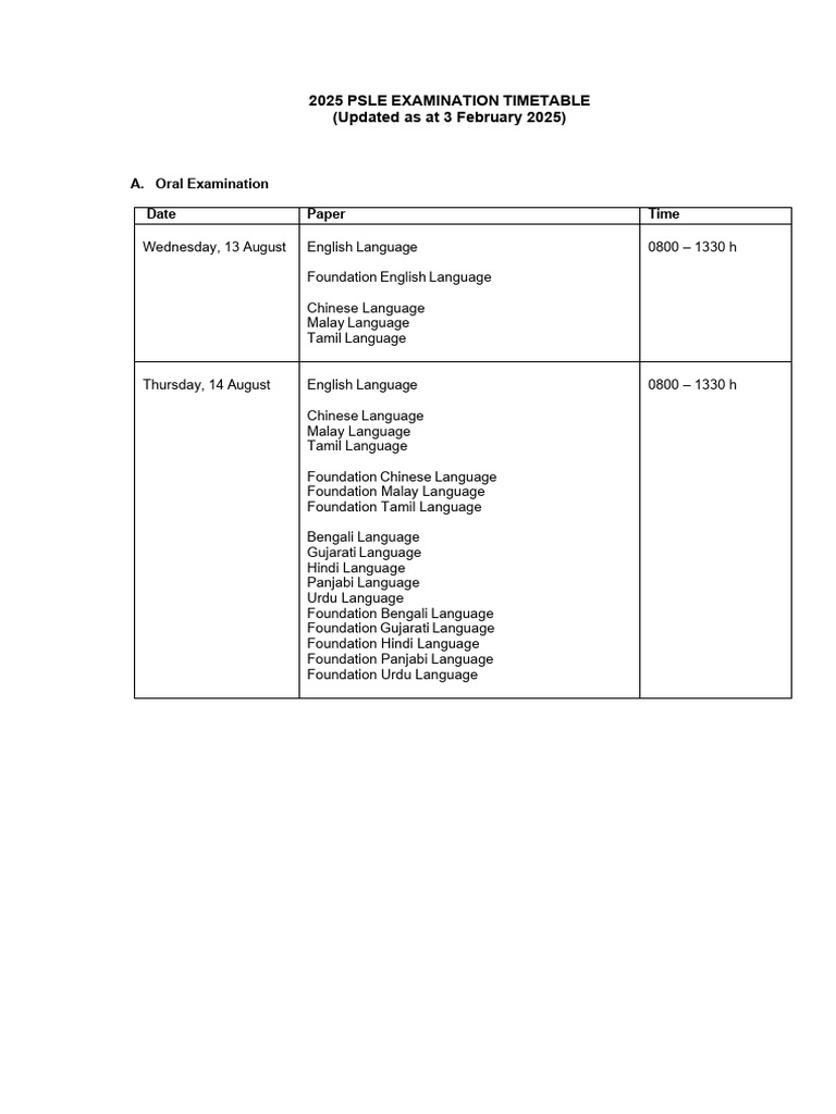 2025 Psle Exam Timetable | PDF | Linguistics