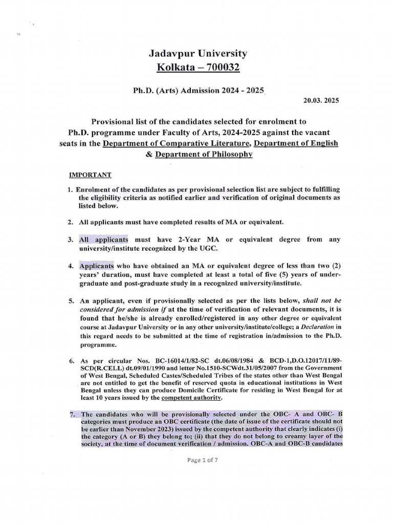 Provisional Selection List Against Vacant Seat 2024 2025 | PDF