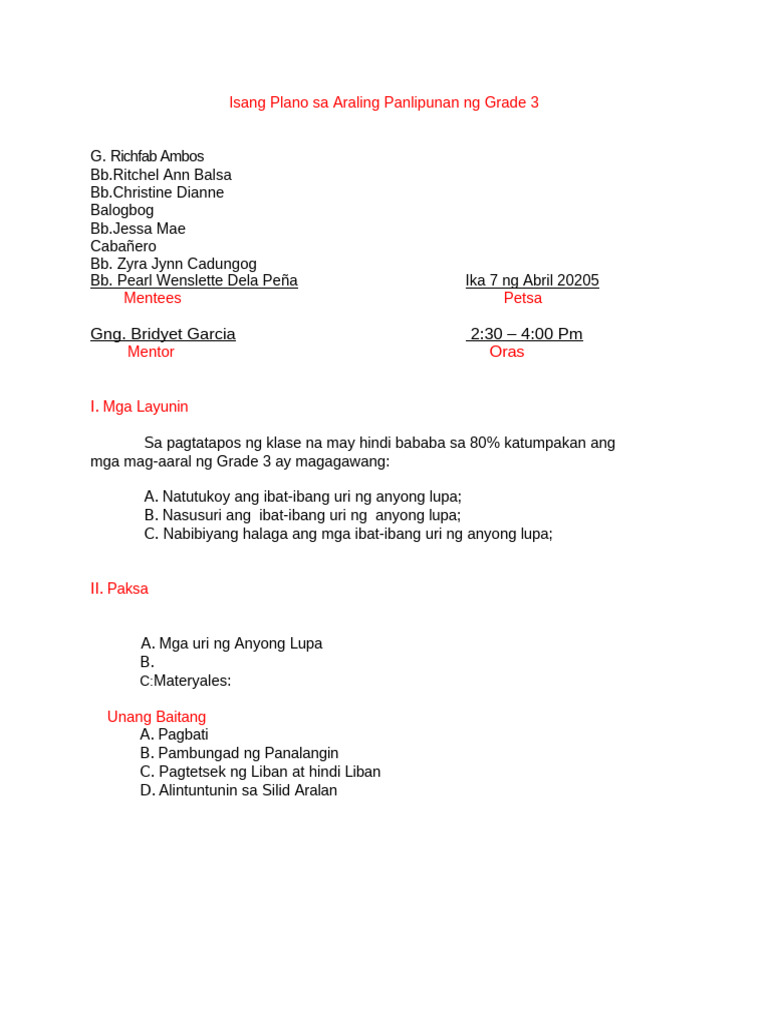 Lesson Plan in AP Group 2 | PDF