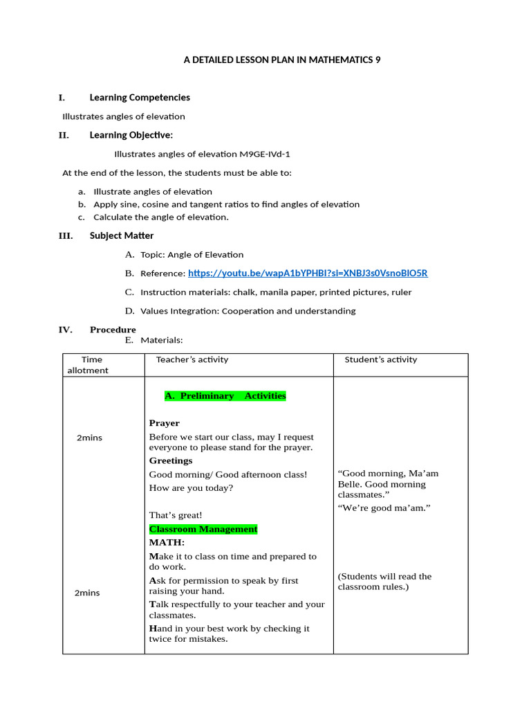 Lesson Plan: Angle of Elevation in Math 9 | PDF | Trigonometric ...
