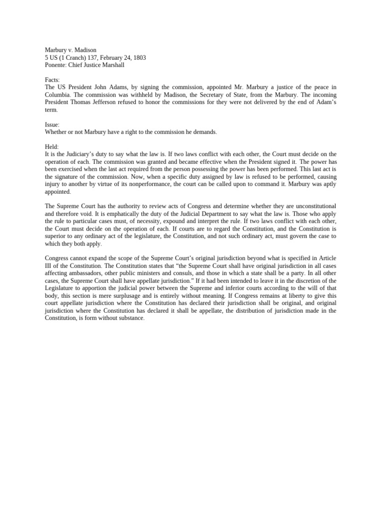 Marbury v. Madison Case Digest | PDF | Marbury V. Madison | Supreme ...