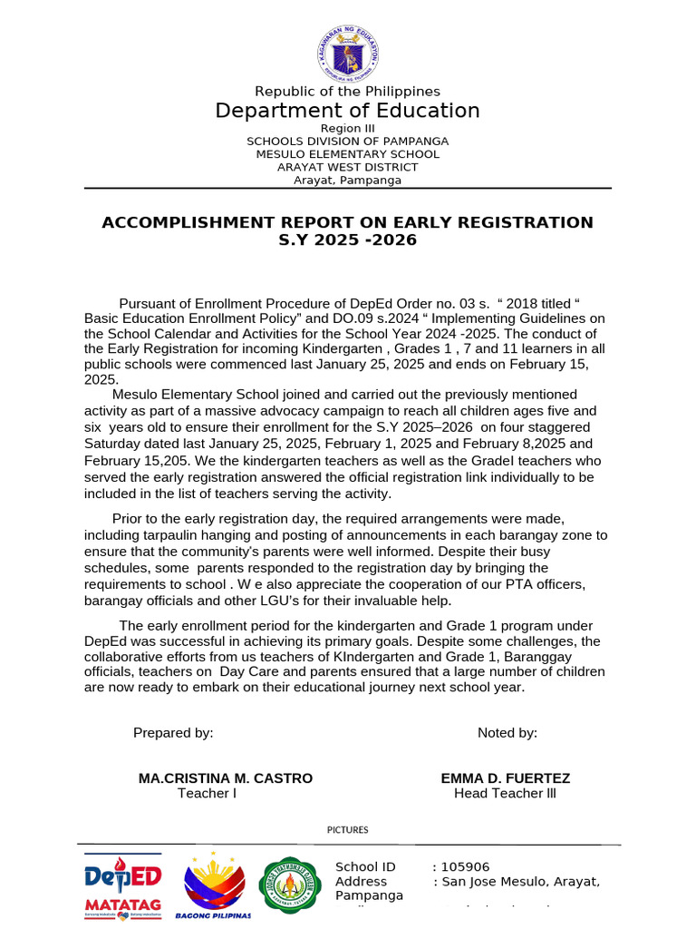 Accomplishment Report On Early Reg. 2025 | PDF | Kindergarten | Social ...