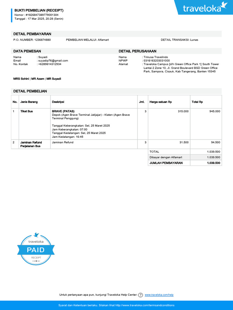Tiket Bus Brave Patas Pembelian Traveloka | PDF