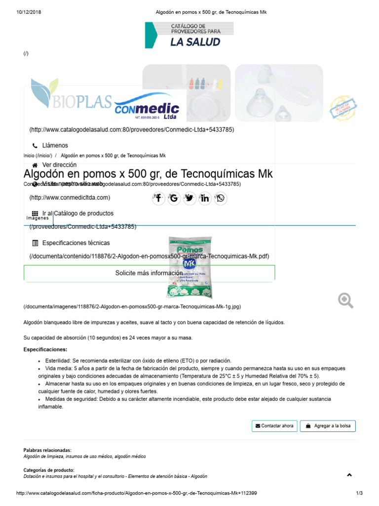 Algodón en pomos x 500 gr, de Tecnoquímicas Mk | PDF