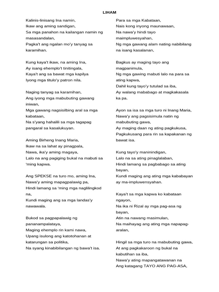 C2 - Kultura - Mary Alice Dolot - Our Mother of Perpetual Help Chapel - Tula para Kay Inay | PDF