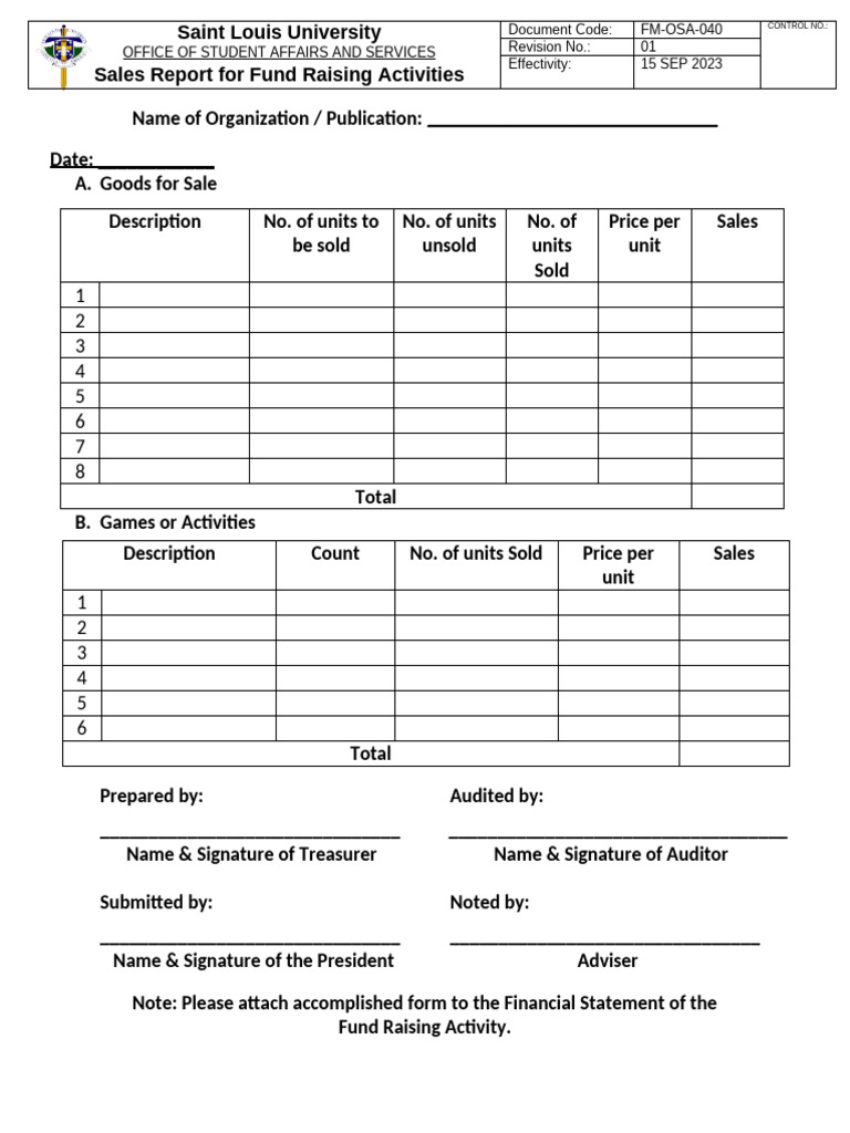 FM-OSA-040 (Sales Report Form For Fund Raising Activities) | PDF