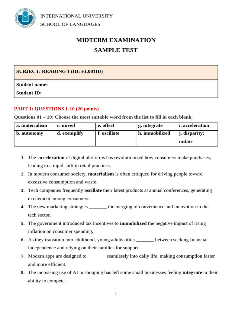 READING 1 MIDTERM SAMPLE TEST | PDF | Sustainability