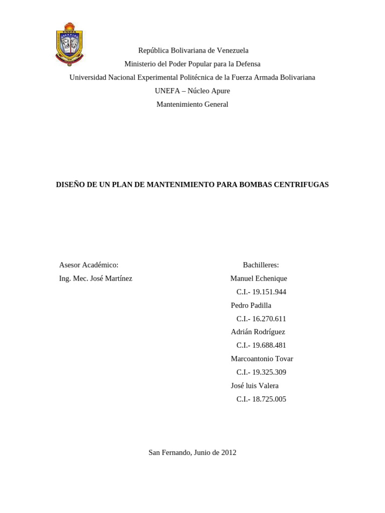 Plan de Mantenimiento de Bombas Proyecto | PDF | Mecánica de Medios ...