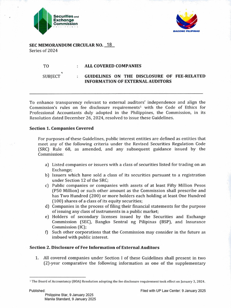 2025MC - SEC MC No. 18, S. of 2024 Guidelines On The Disclosure of Fee ...