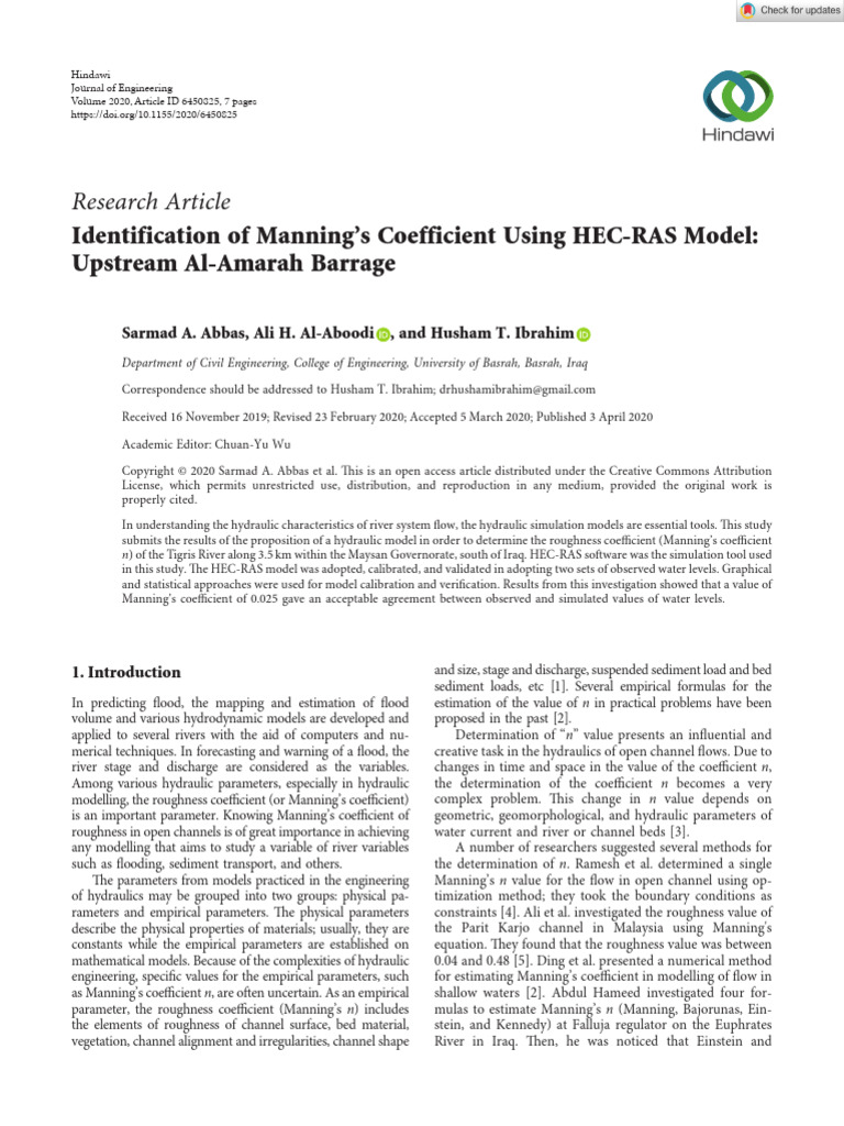 Journal of Engineering - 2020 - Abbas - Identification of Manning S ...