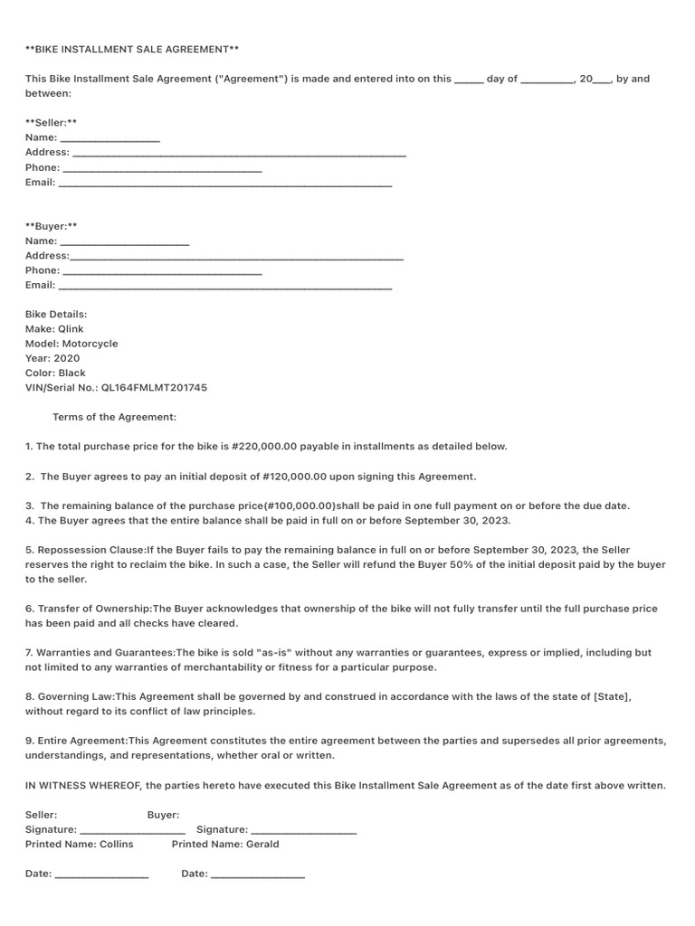 Bike Installment Sale Agreement | PDF | Implied Warranty | Common Law