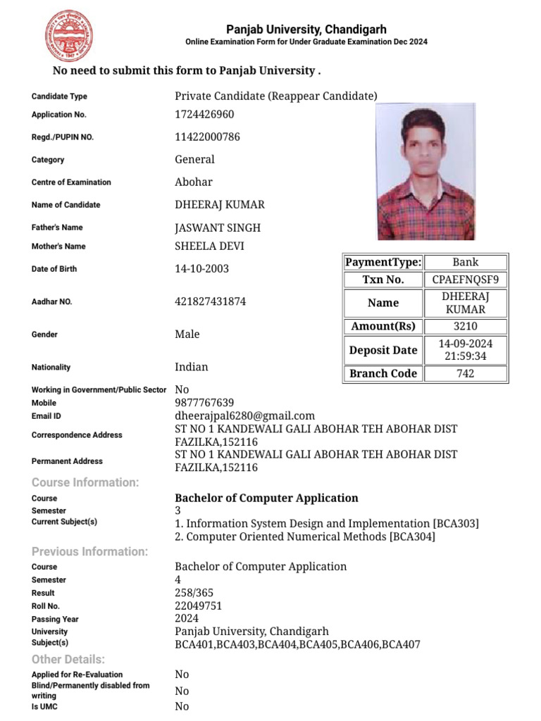 Ugexam - Puexam.in StudentProfile - Aspx AppNo CZ+3BUTXOKc5z43x9DSi+g ...