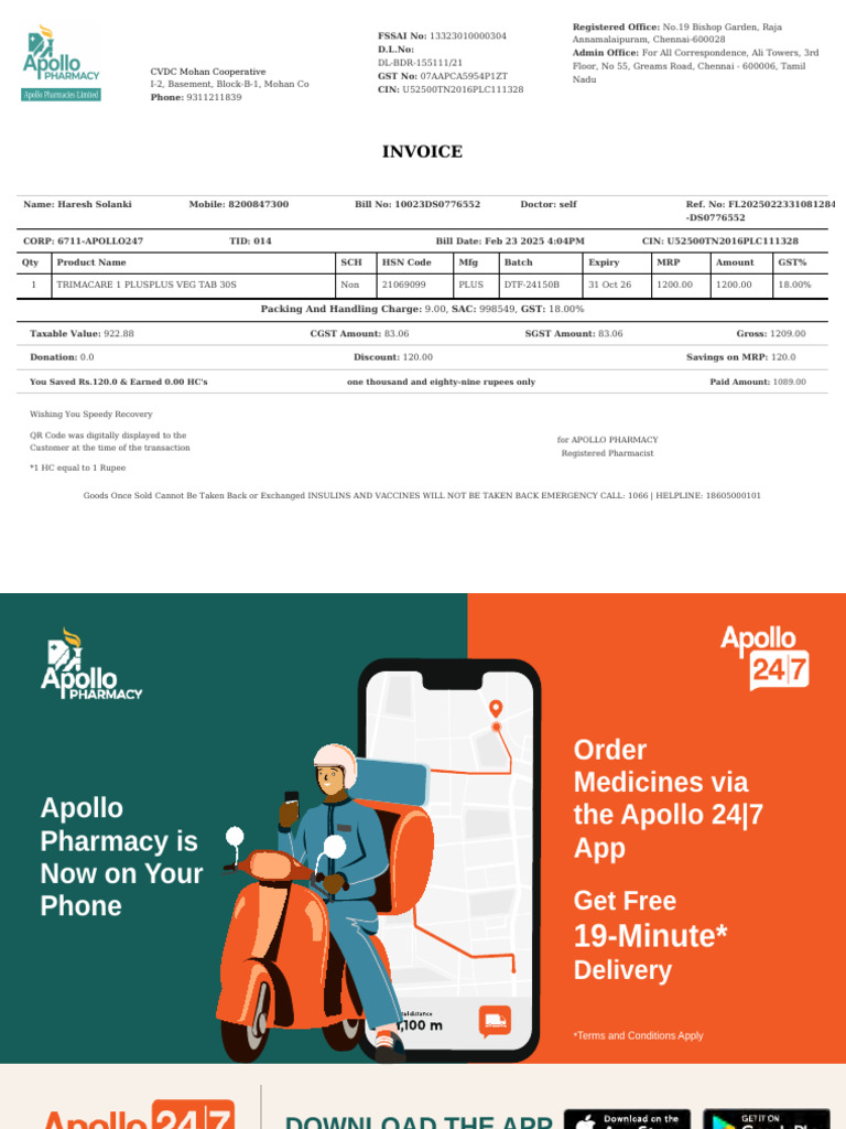 Apollo Pharmacy Invoice Details | PDF | Taxation | Taxes