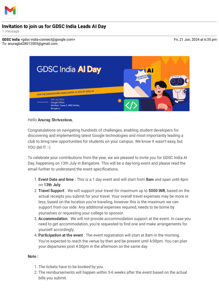 Gmail - Invitation To Join Us For GDSC India Leads AI Day | PDF