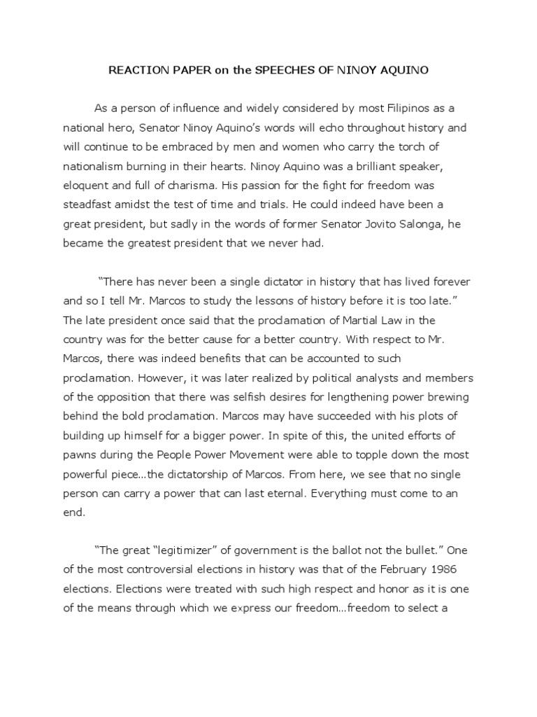 Reaction Paper On The Speeches Of Ninoy Aquino Corazon Aquino