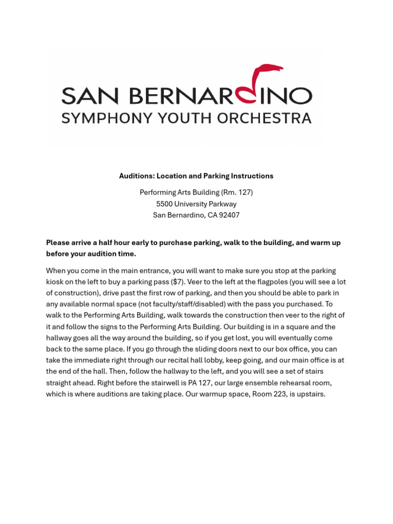 Auditions Location and Parking Instructions 2 | PDF