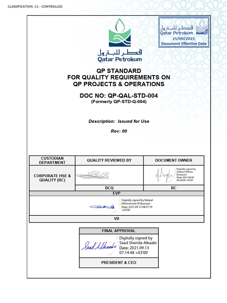 Qp-Qal-Std-004 QP Standard For Quality Requirements On QP Projects & Operations | PDF | Audit ...