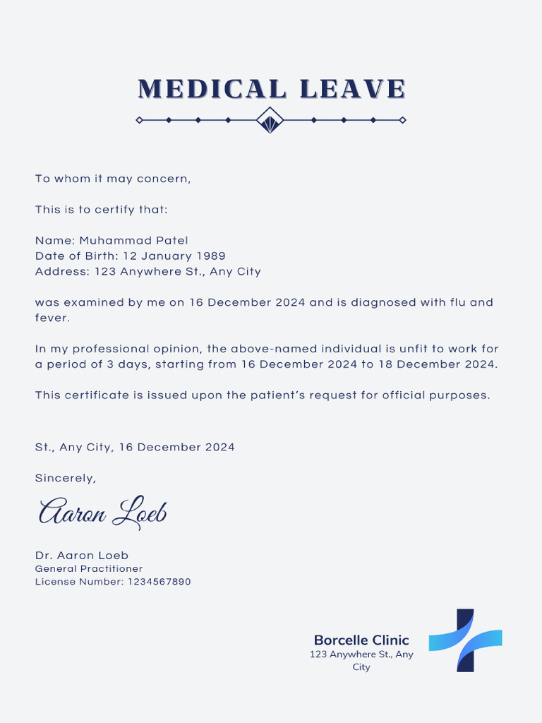 Blue White Modern Wave Lines Medical Leave A4 Document | PDF