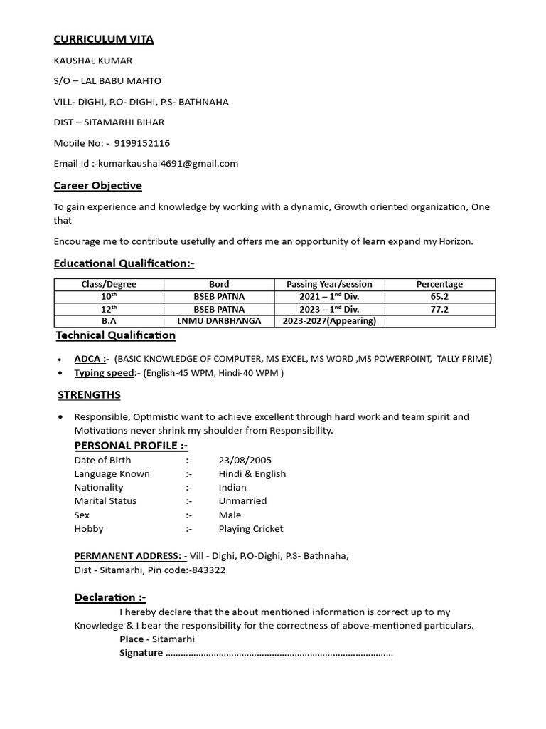 Kaushal Kumar Curriculum Vita | PDF