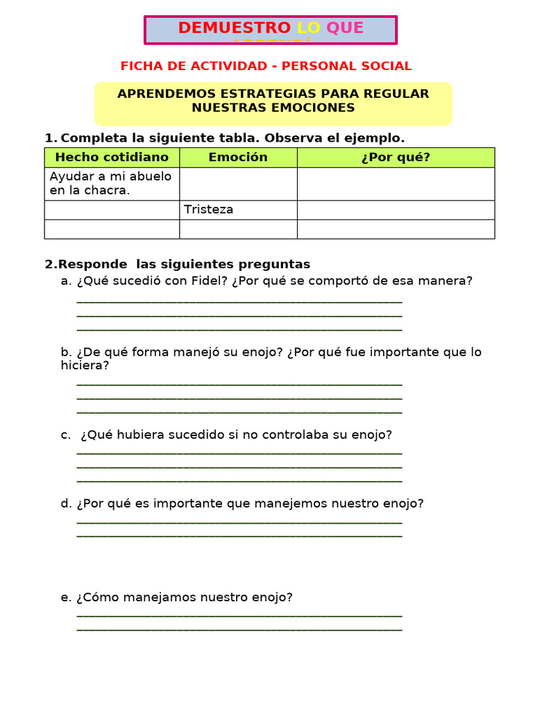Ficha Ps-Aprendemos Estrategias para Regular Nuestras Emociones | PDF