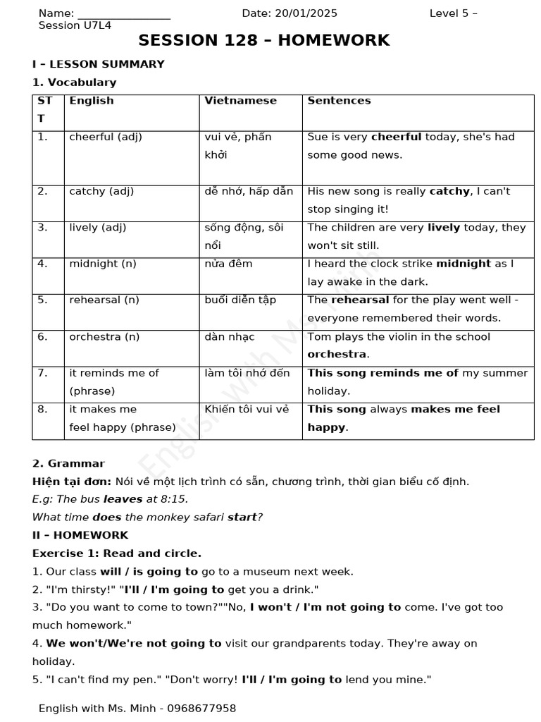 Level 5 - Session 128 (U7L4) - Reading - Homework | PDF