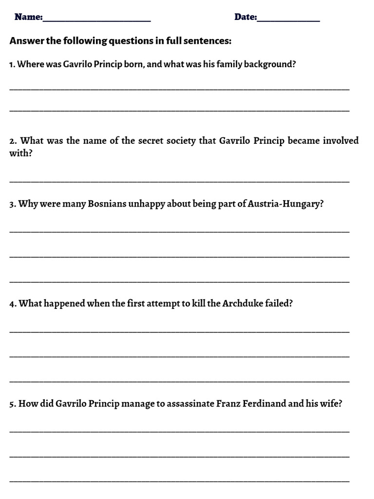 Destiny Owen - Gavrilo Princip Reading Comprehension Activity Worksheet ...