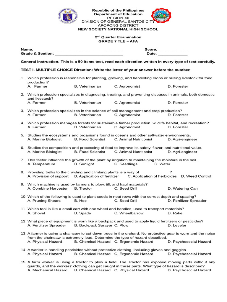 2nd Quarter Examination TLE7 - AFA - QUESTIONS | PDF | Manure | Poultry