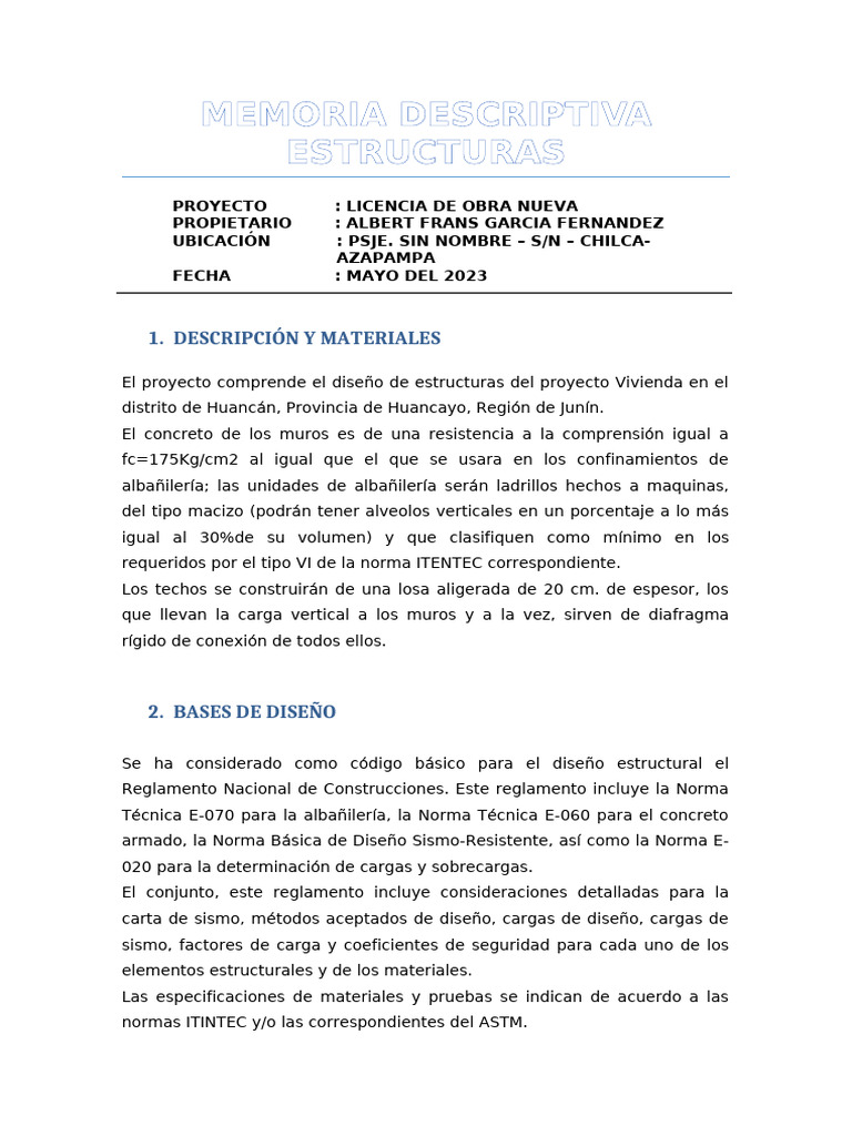 MEMORIA-DESCRIPTIVA_ESTRUCTURAS | PDF | Fundación (Ingeniería) | Albañilería