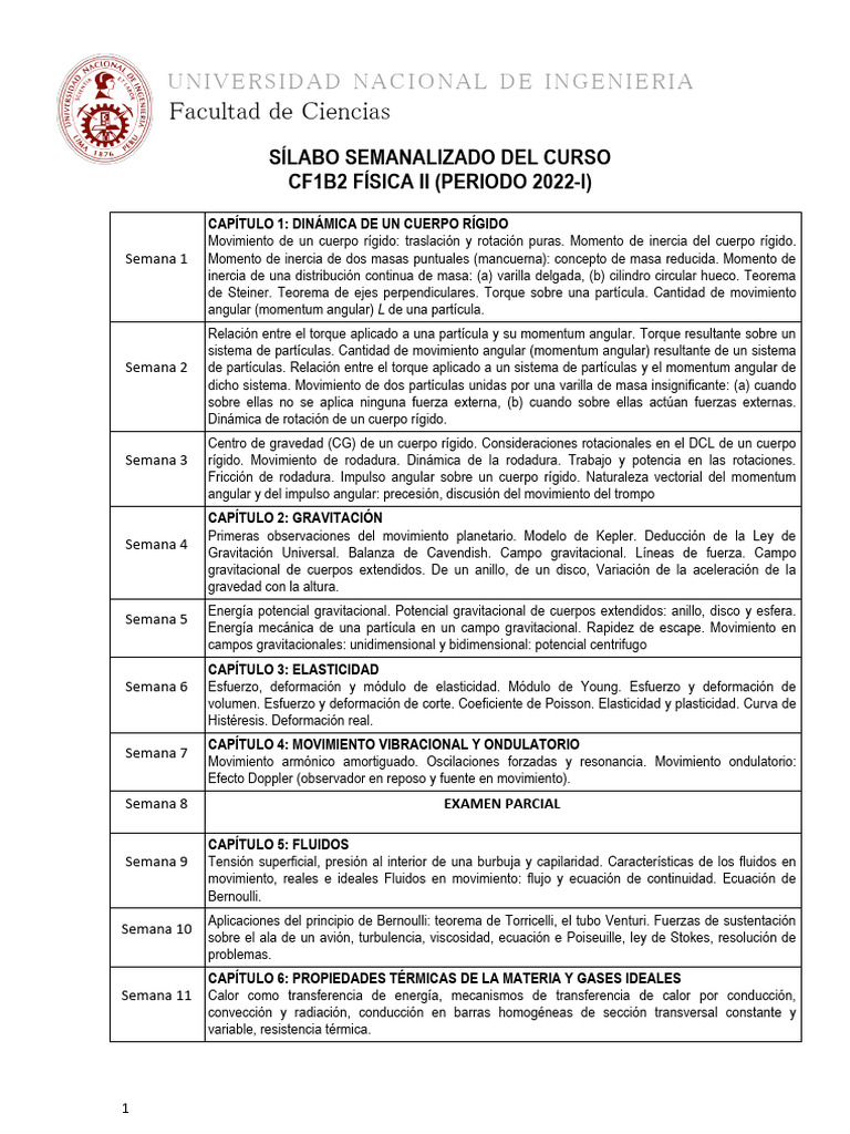 Sílabo Semanalizado FISICA II CF1B2 | PDF | Momento angular | Termodinámica