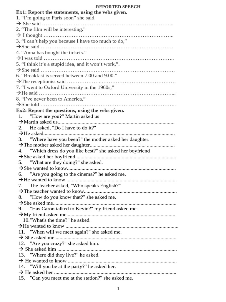 Reported Speech Exercises Guide | PDF