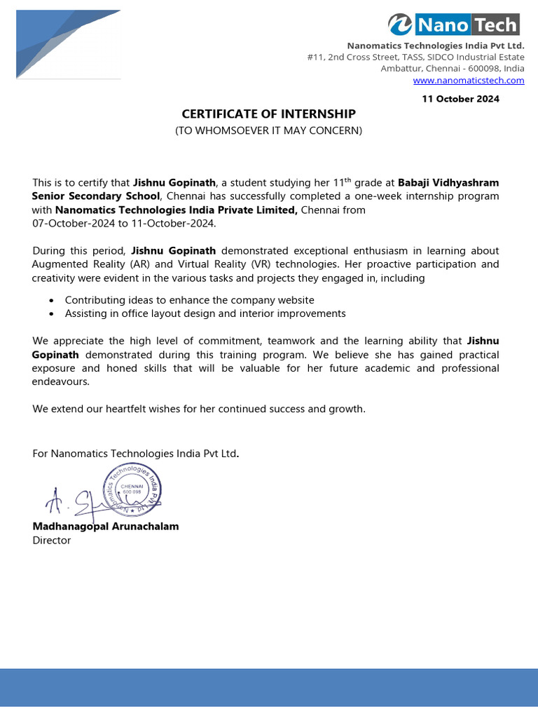 Intership Certificate Jishnu | PDF