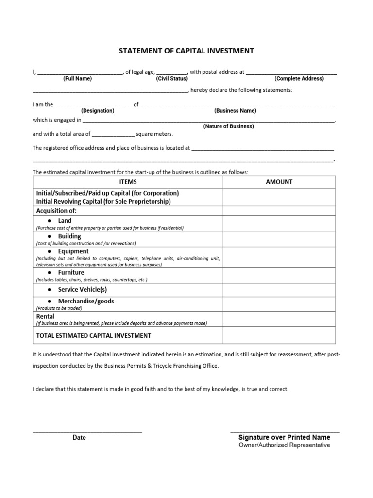 Sworn Declaration of Capital Investment | PDF | Economies | Business