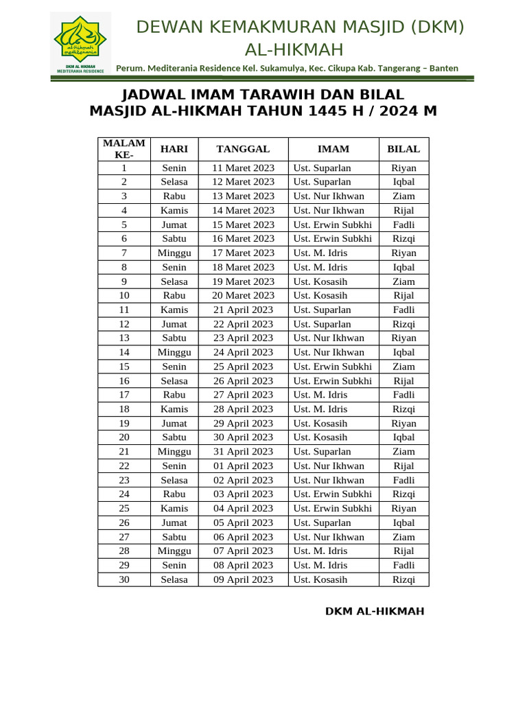 Jadwal Imam Tarawih 2024 | PDF